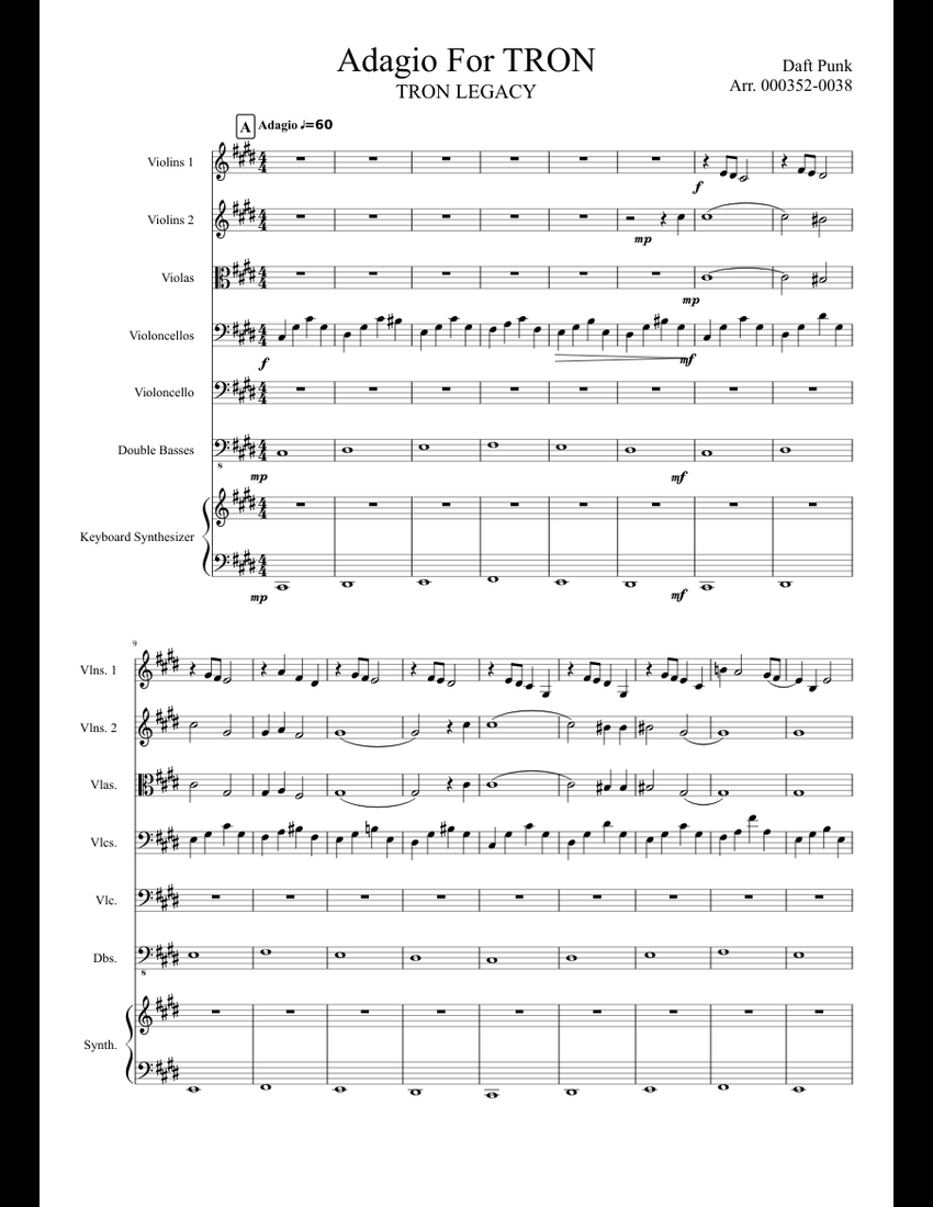 Adagio For TRON sheet music for Strings, Cello, Synthesizer download ...