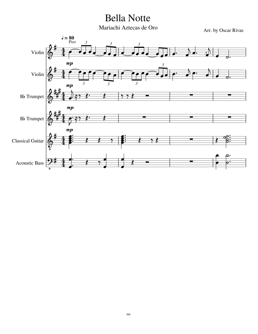 Bella Notte sheet music for Violin, Trumpet, Guitar, Bass download free ...