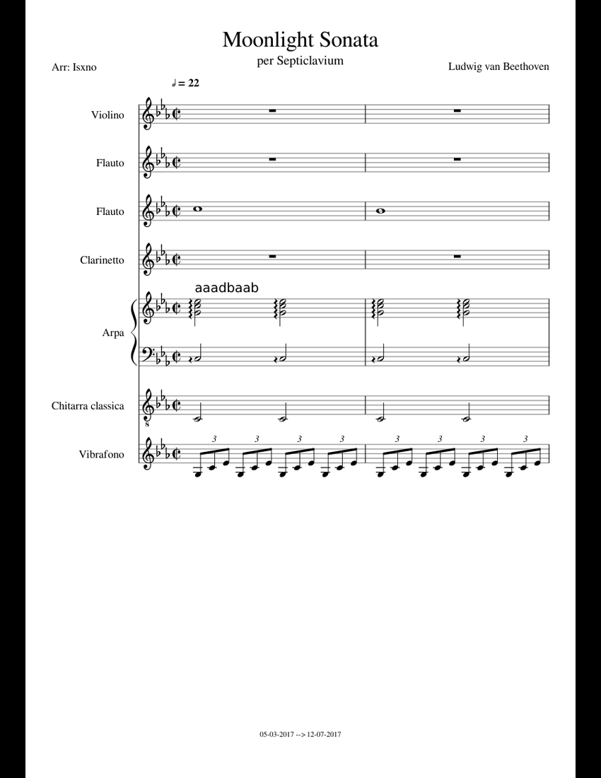 Moonlight Sonata sheet music for Violin, Flute, Clarinet, Harp download ...