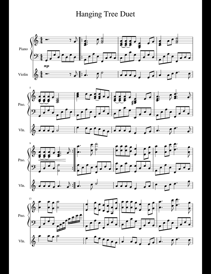 Hanging Tree Duet v 1 sheet music for Piano, Violin download free in ...