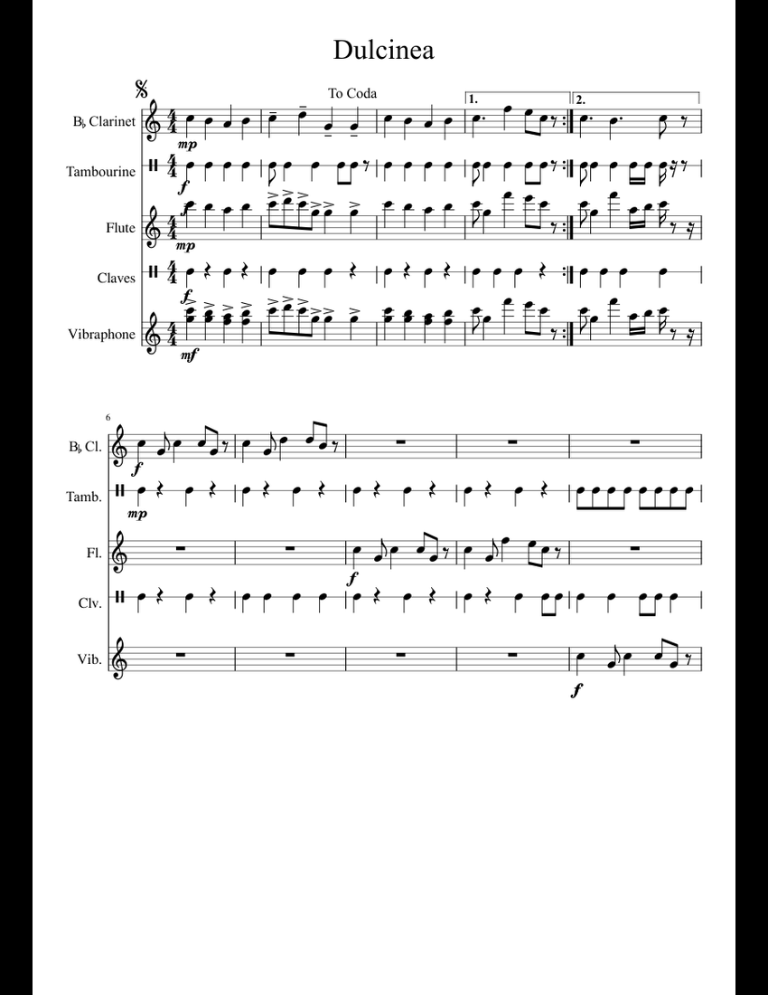 Dulcinea sheet music for Clarinet, Flute, Percussion download free in ...