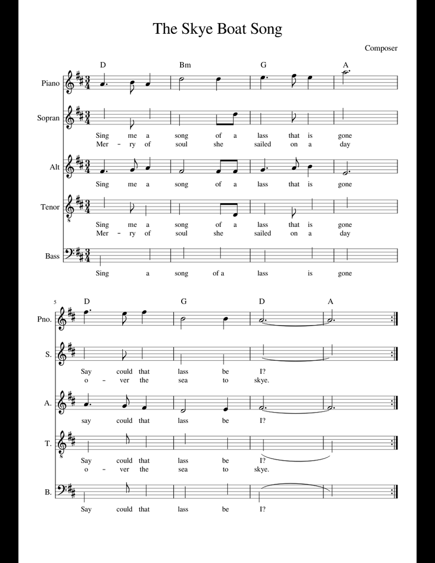 The Skye Boat song sheet music for Piano, Voice download free in PDF or ...