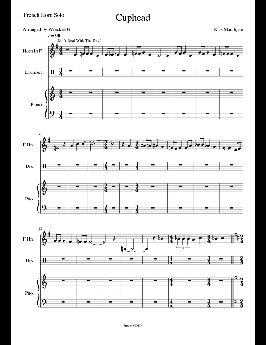 Cuphead French Horn Solo (WIP) sheet music for Piano, French Horn, Percussion download free in ...