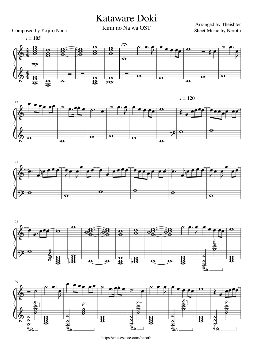 [Theishter arr.] - "Kataware Doki" - Kimi no Na wa OST sheet music for Piano download free in ...