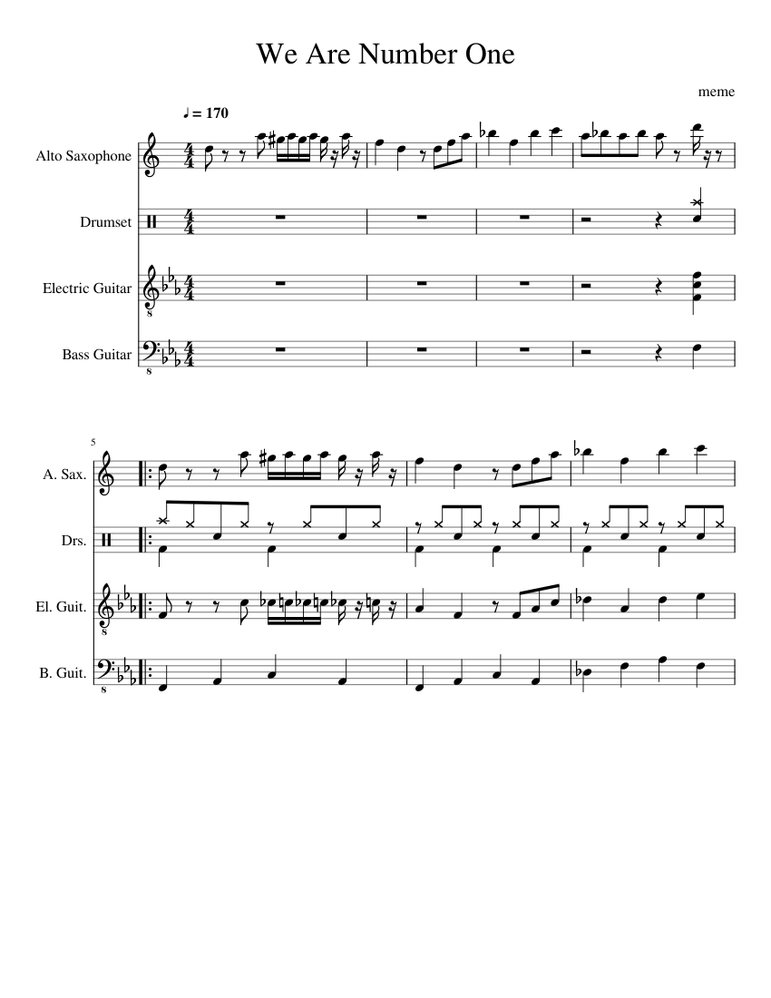 We Are Number One sheet music for Alto Saxophone, Percussion, Guitar ...