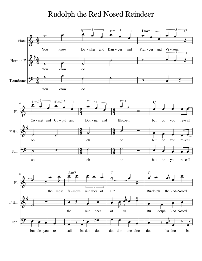 Rudolph the Red Nosed Reindeer sheet music for Flute, French Horn ...