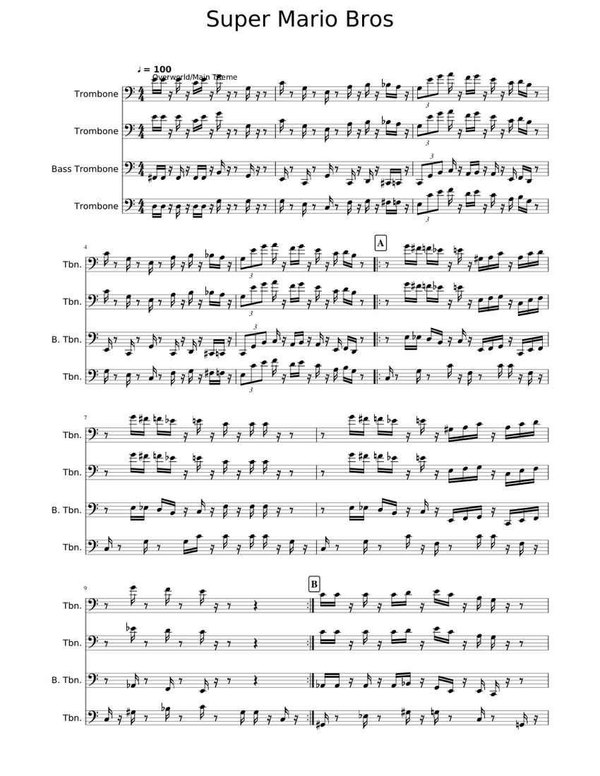 Super Mario Bros Medley Trombone Quartet Sheet music for Trombone ...