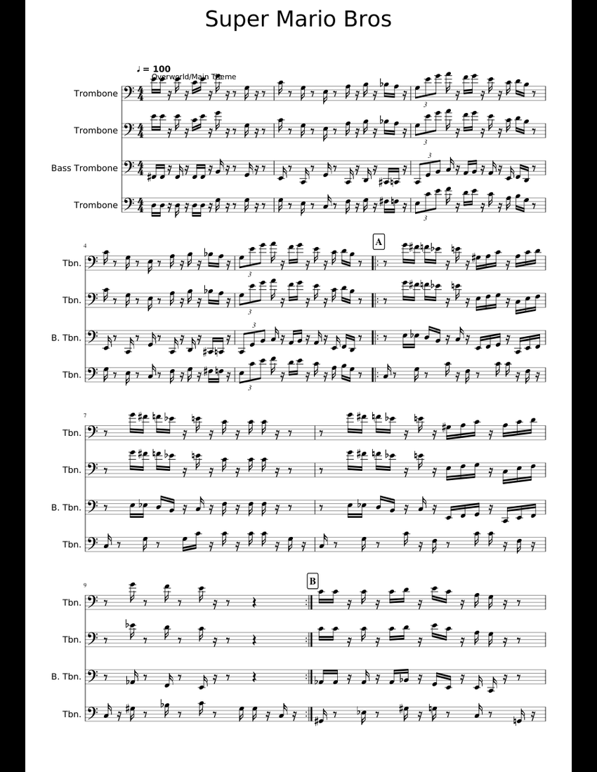 Super Mario Bros Medley Trombone Quartet sheet music for Trombone ...