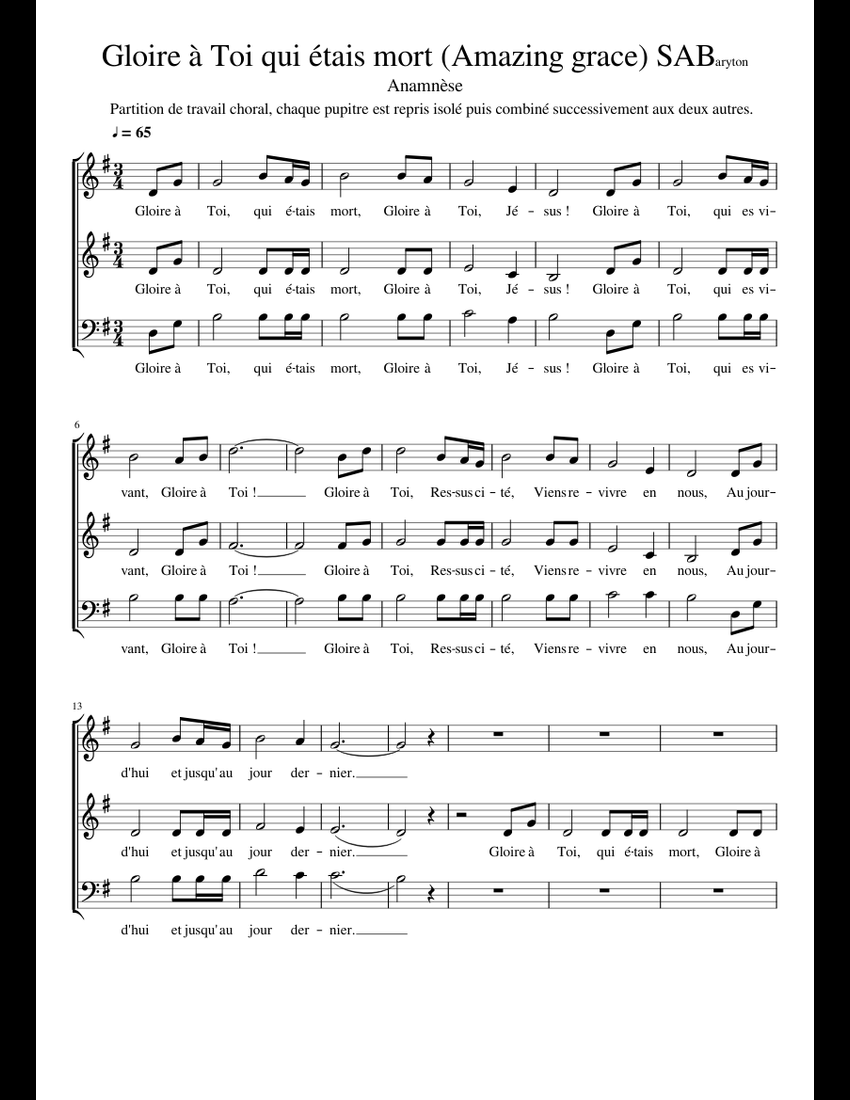 Gloire à Toi qui étais mort (Amazing grace) SABaryton sheet music for Voice download free in PDF ...