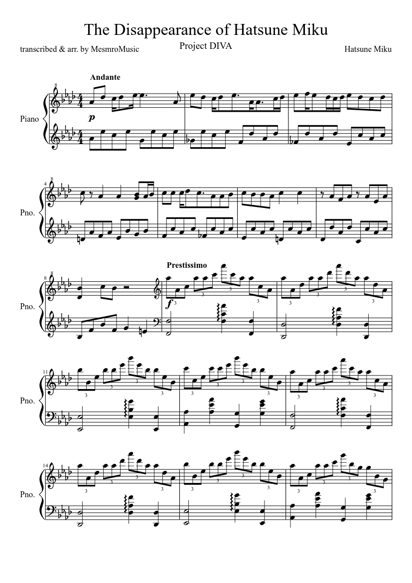 The Disappearance of Hatsune Miku sheet music for Piano download free ...