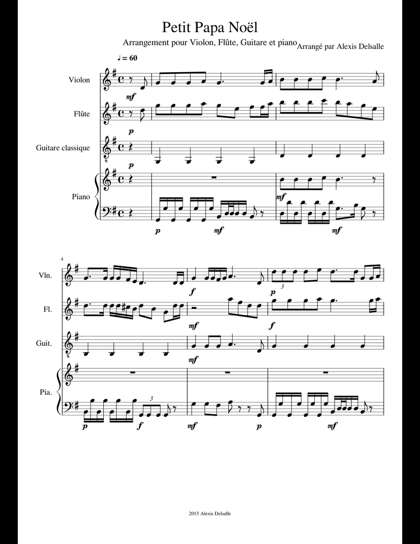 Petit Papa Noël sheet music for Violin, Flute, Piano, Guitar download ...