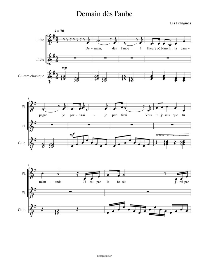 Demain dès l'aube Sheet music for Flute, Tenor, Bass, Guitar (Mixed ...