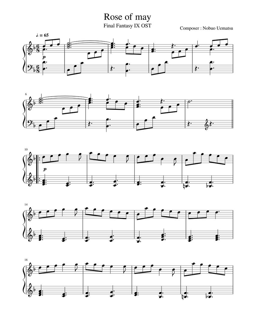 Final Fantasy IX : Rose of may sheet music for Piano download free in PDF or MIDI