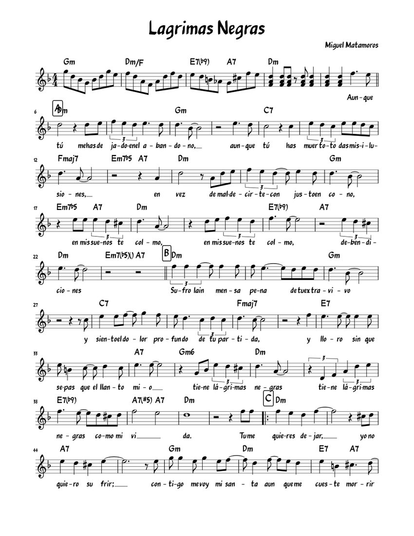 Lagrimas Negras Lead Sheet music for Piano (Solo) | Musescore.com