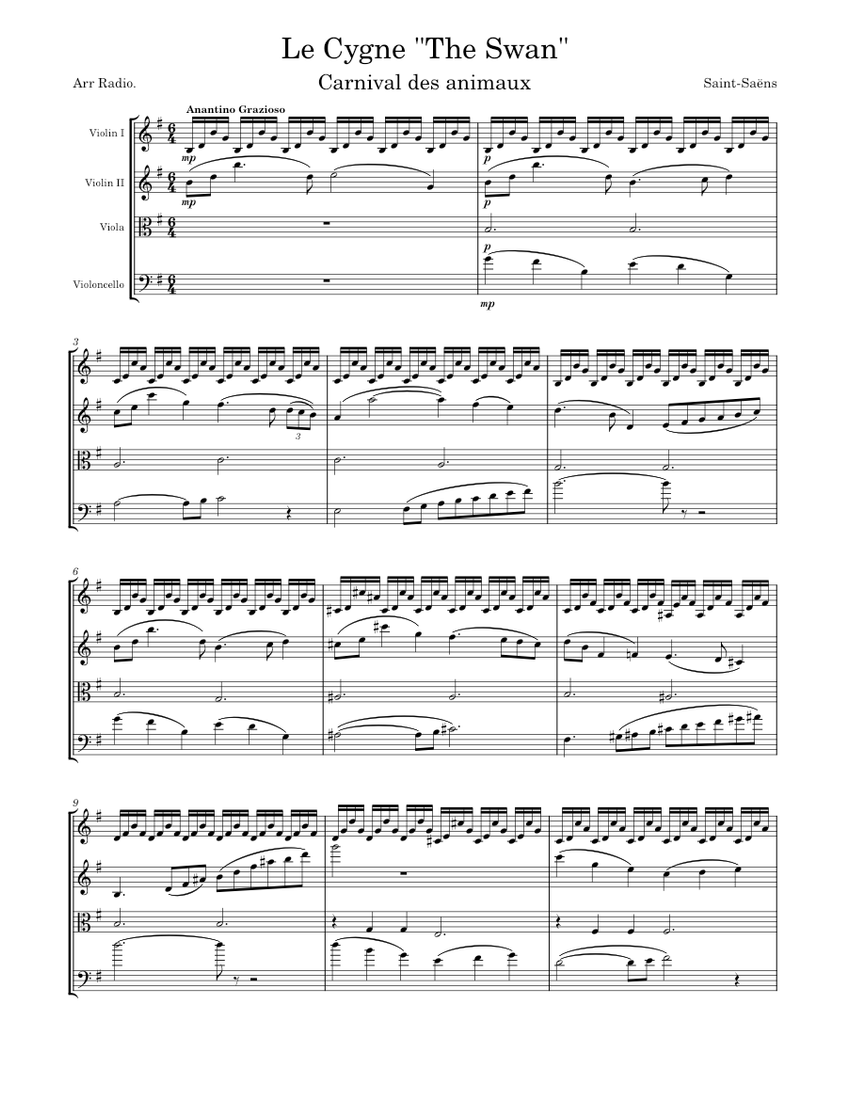 Le Cygne "The Swan" Sheet music for Violin, Cello, Viola (String Quartet) | Musescore.com