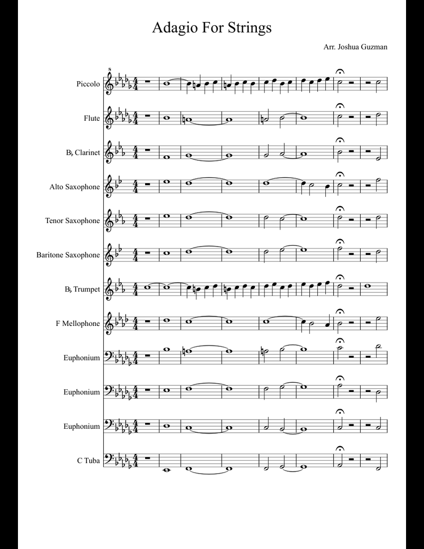 Adagio For Strings sheet music for Flute, Clarinet, Piccolo, Alto Saxophone download free in PDF ...