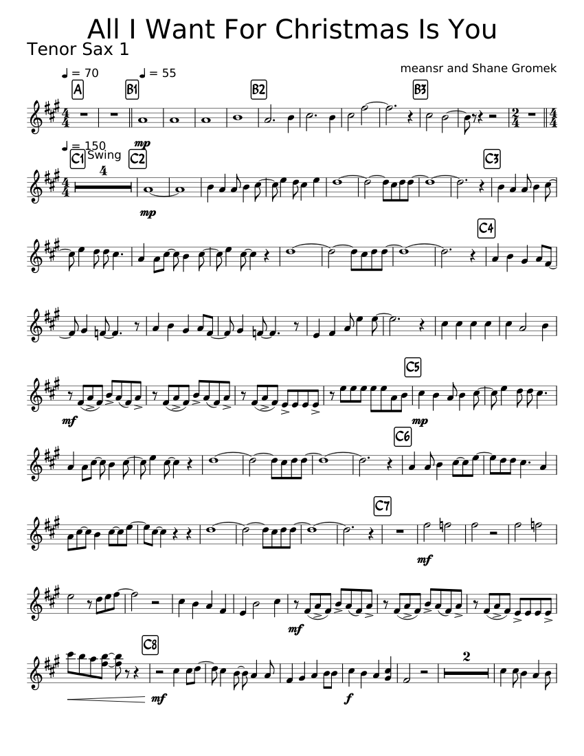 All I Want For Christmas Is You Tenor Sax 1 Sheet music for Saxophone ...