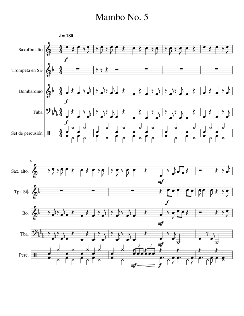 Mambo No 5 by Lou Bega Sheet music for Alto Saxophone, Trumpet, Tuba, Percussion | Download free ...