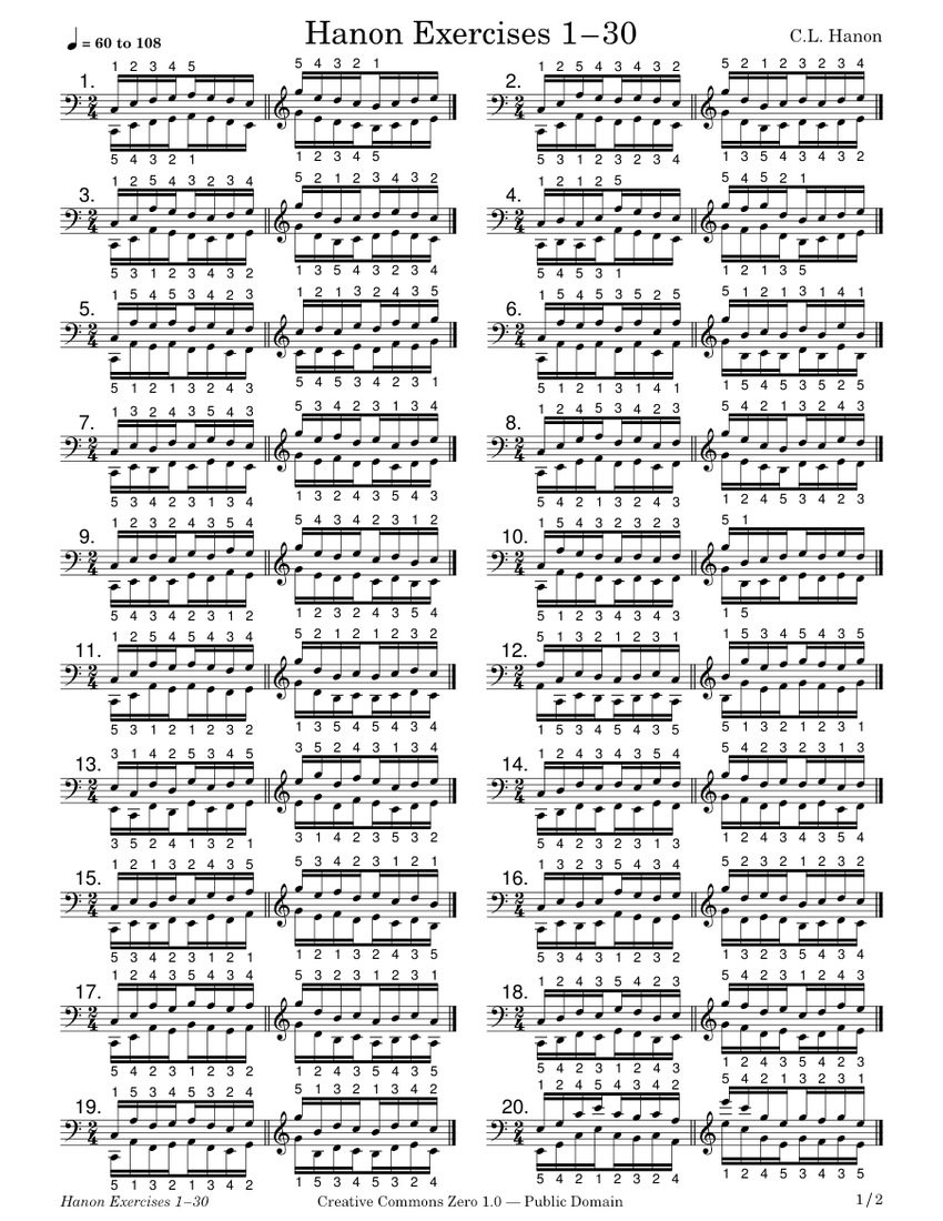 Hanon Condensed - Exercises 1 to 30 sheet music download free in PDF or MIDI