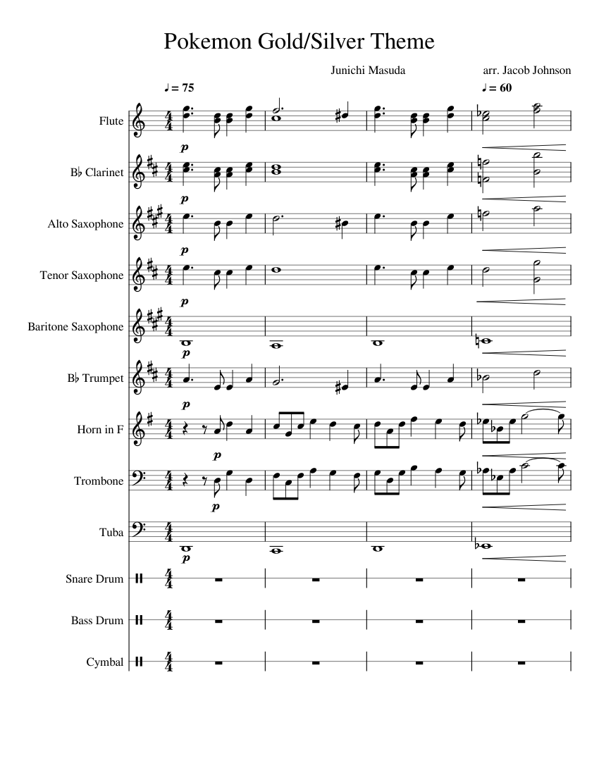 Pokemon Gold/Silver Theme Sheet music for Flute, Clarinet, Alto Saxophone, Tenor Saxophone ...