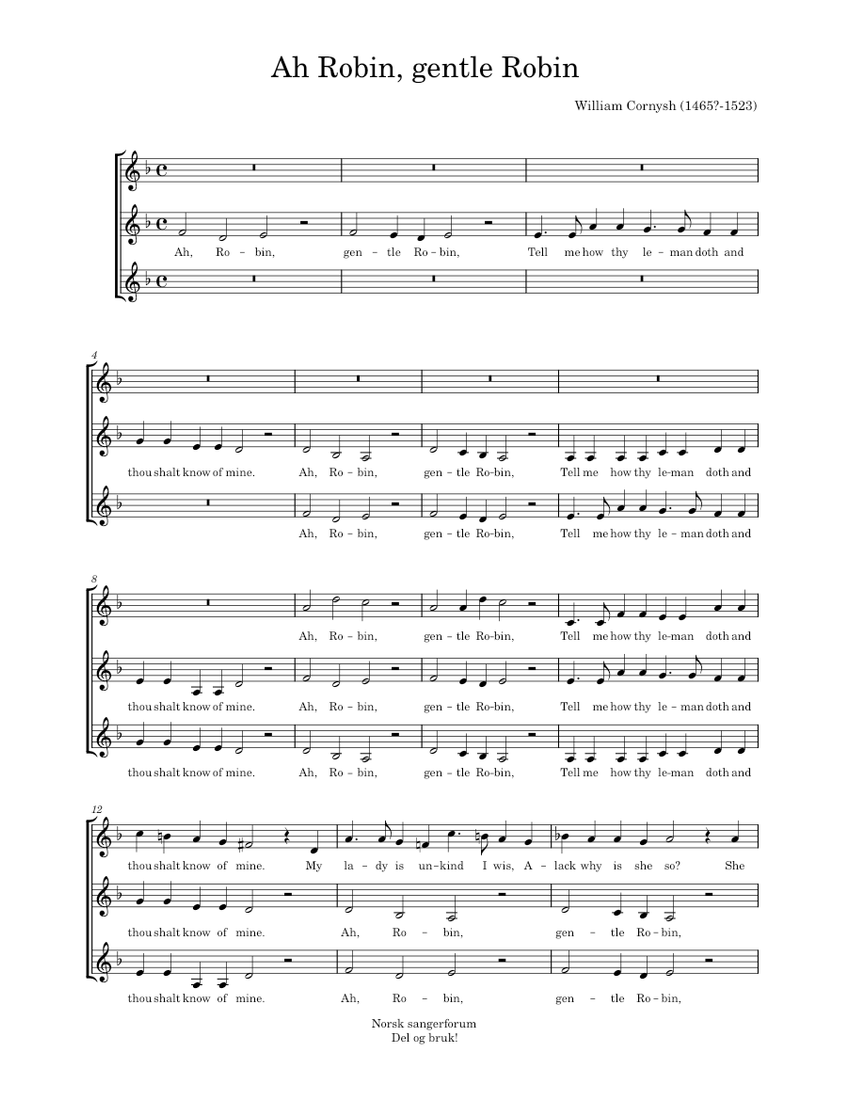 Ah Robin, gentle Robin (William Cornysh) SMzA Sheet music for Voice ...
