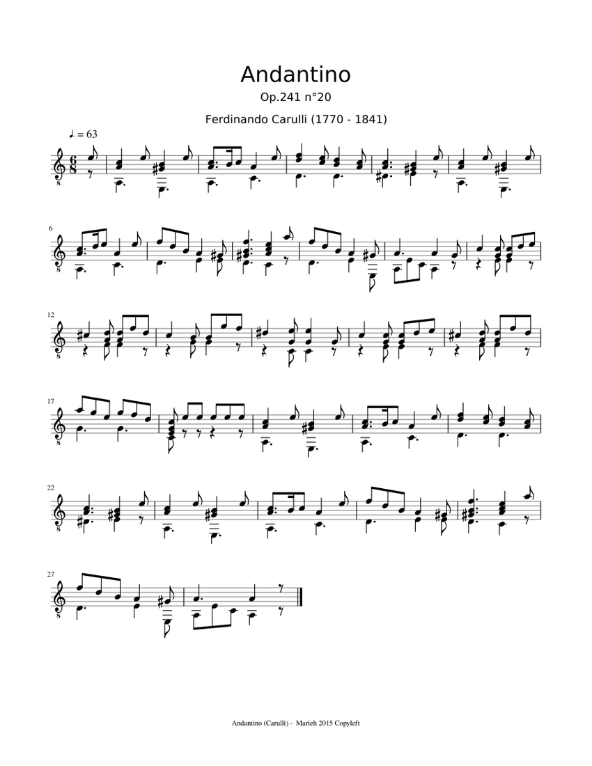 Andantino op.241 n°20 - Ferdinando Carulli (1770 - 1841) Sheet music ...