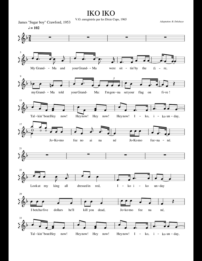 iko iko sheet music for Piano, Percussion, Organ download free in PDF ...