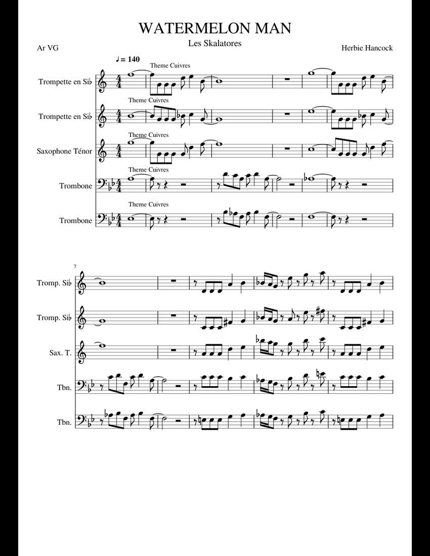 WATERMELON MAN sheet music for Trumpet, Tenor Saxophone, Trombone ...