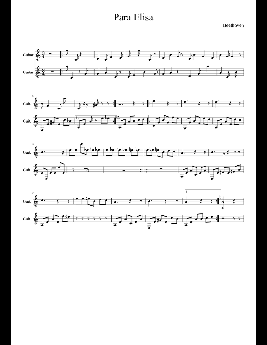 Para Elisa sheet music for Guitar download free in PDF or MIDI