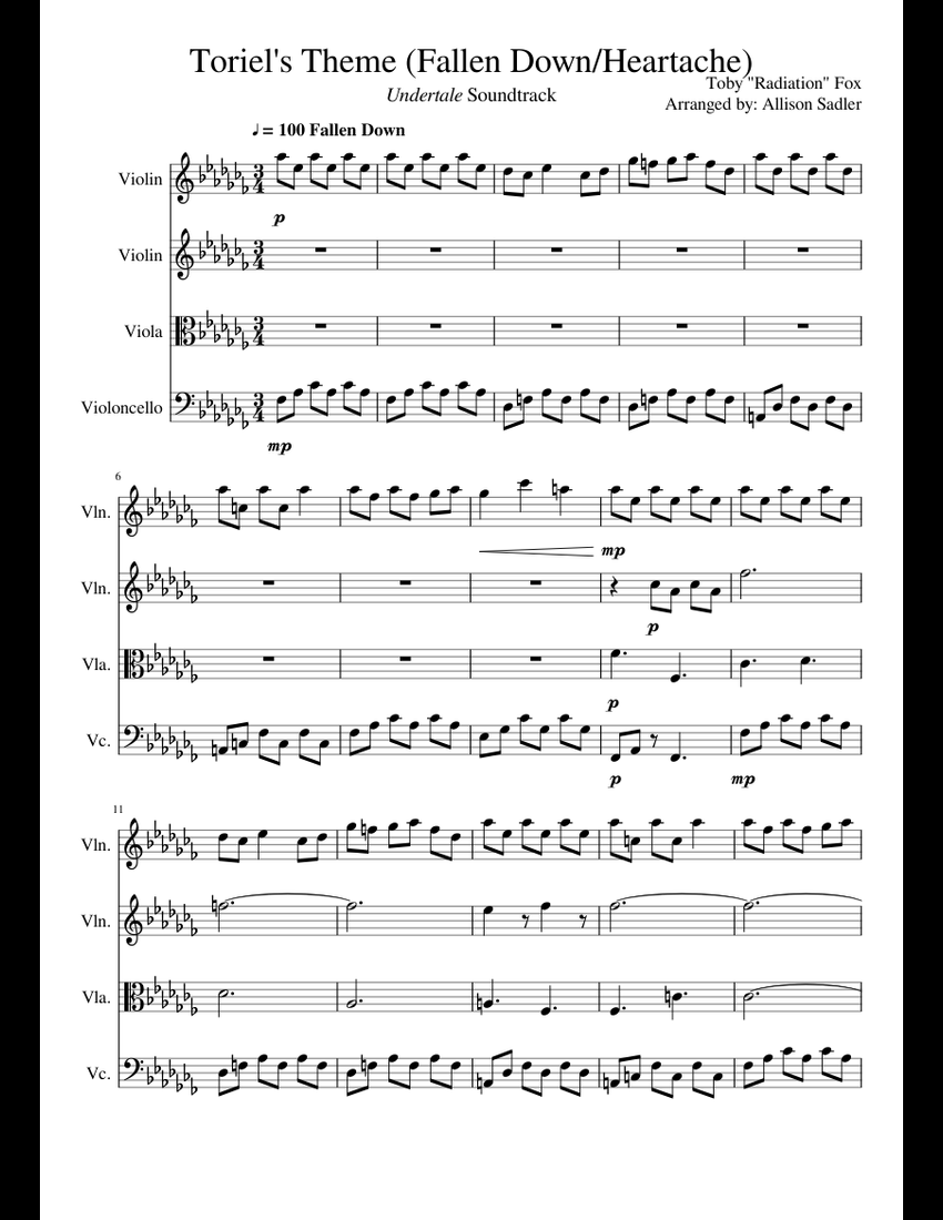 Toriel's Theme (Fallen Down/Hearthache) sheet music for Violin, Viola ...