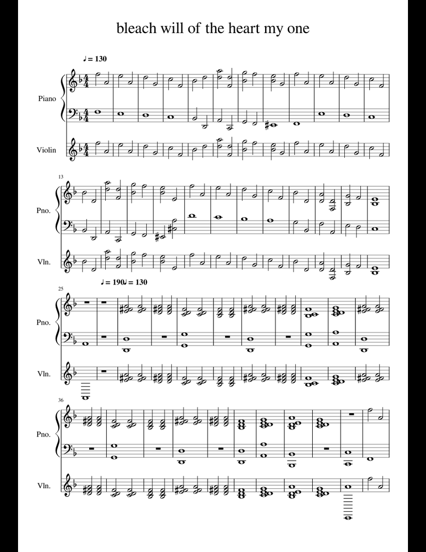 Bleach will of the heart sheet music for Piano, Violin download free in ...