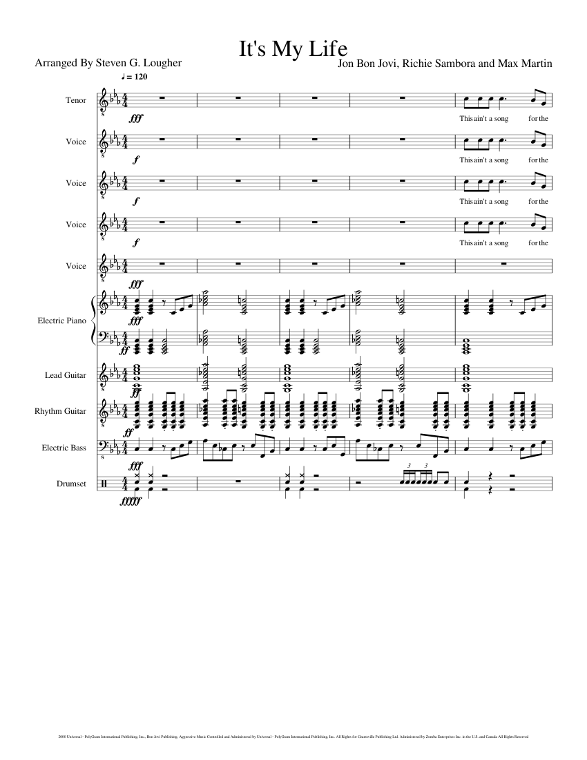 Bon Jovi- It's My Life sheet music for Piano, Voice, Guitar, Bass ...
