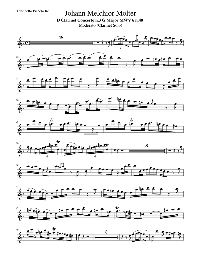 Clarinetto Re Johann Melchior Molter Clarinet Concerto N 3 in G major ...
