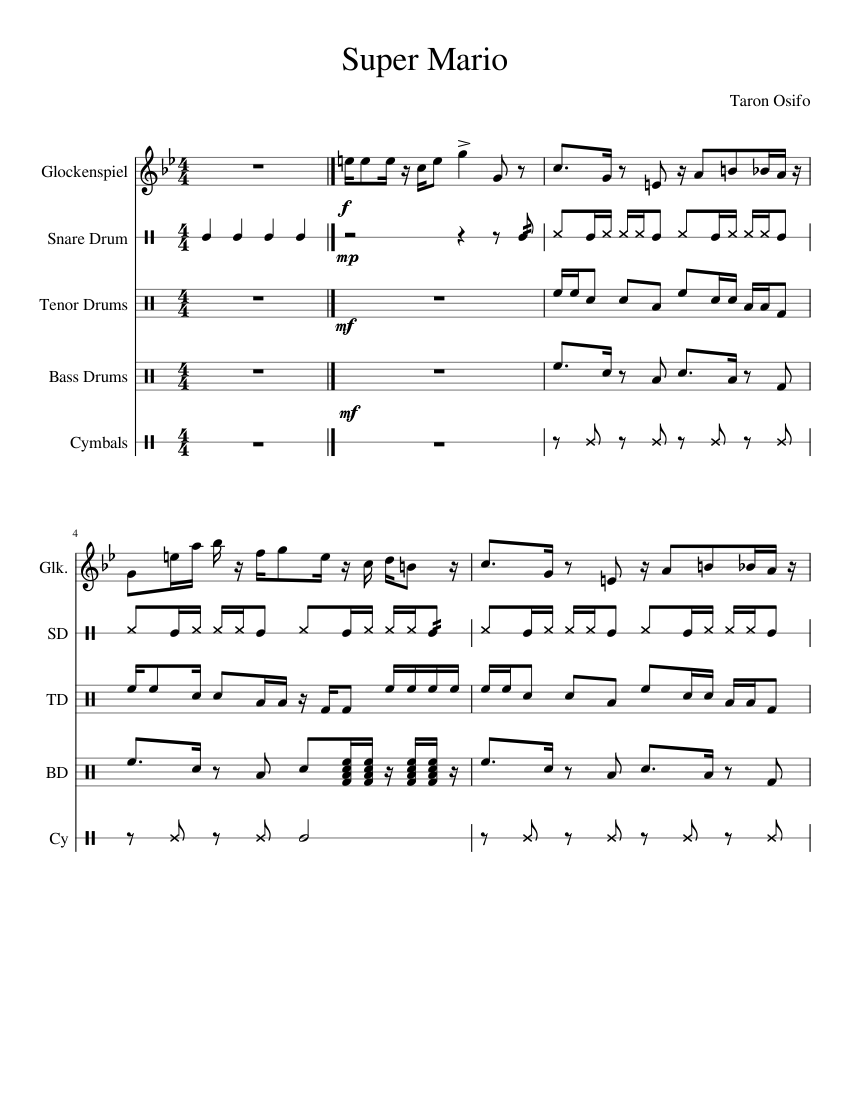Super Mario Sheet music for Snare Drum, Bass Drum, Crash, Glockenspiel ...