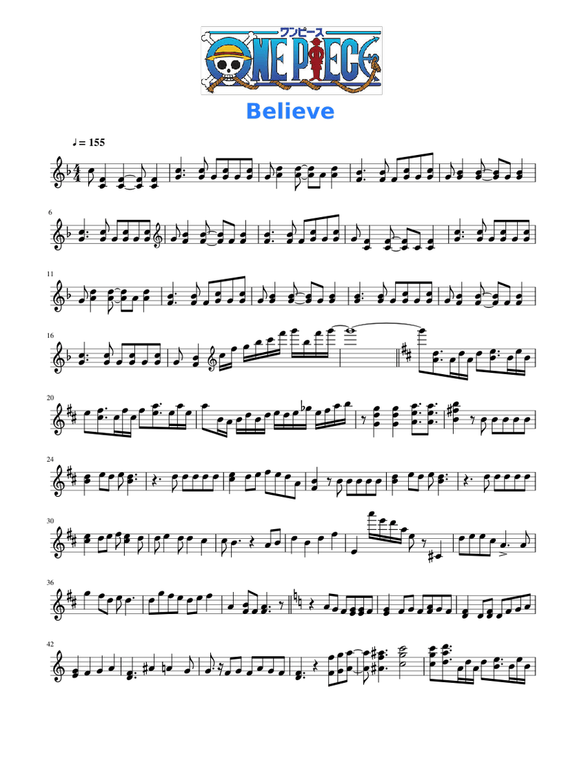 One Piece Opening 2 Believe flute flauta Sheet music | Musescore.com