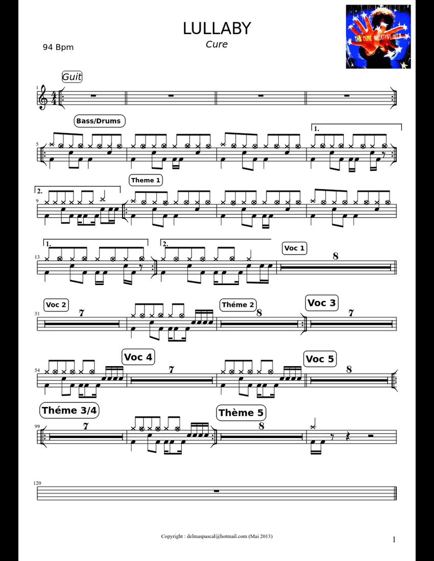 "LULLABY"-The Cure-Drum Transcription sheet music for Percussion ...
