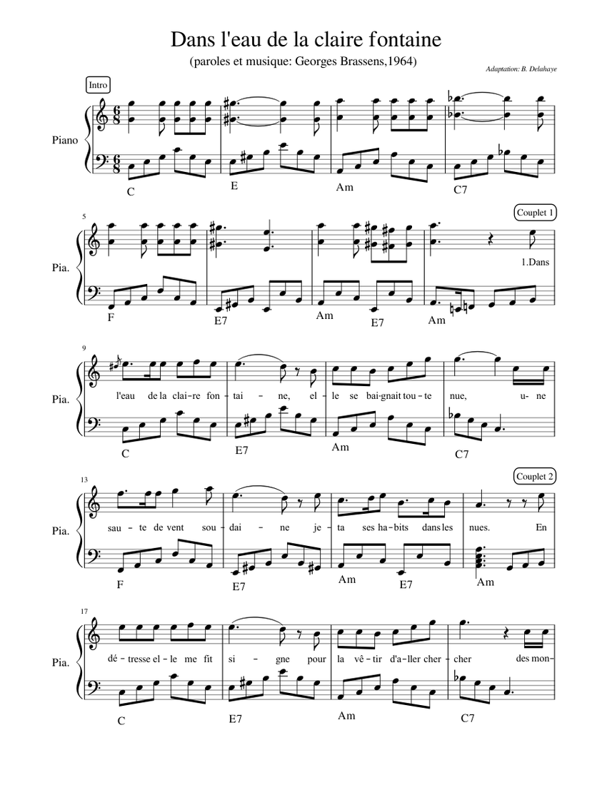 dans l'eau de la claire fontaine, piano-chant Sheet music for Flute ...