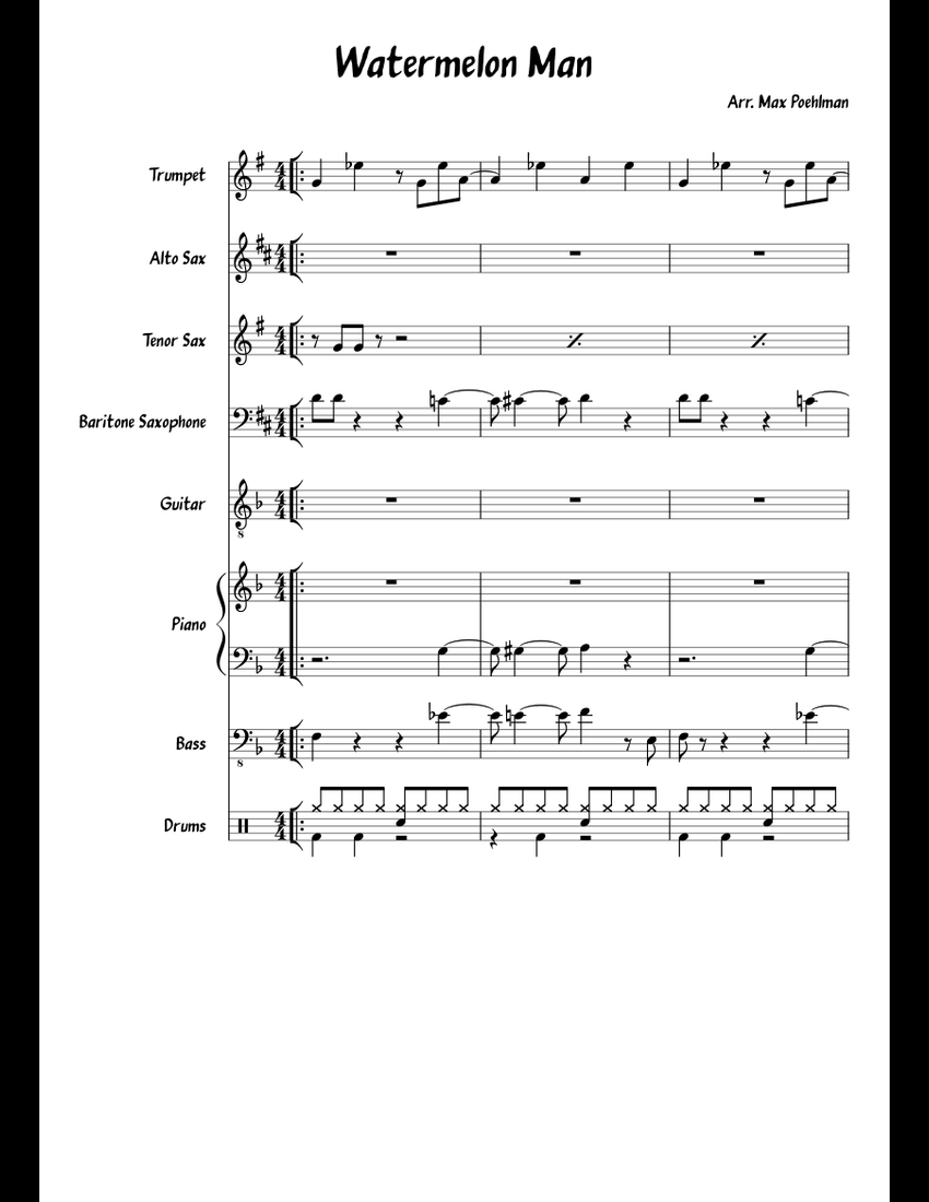 Watermelon Man sheet music for Piano, Trumpet, Alto Saxophone, Tenor ...
