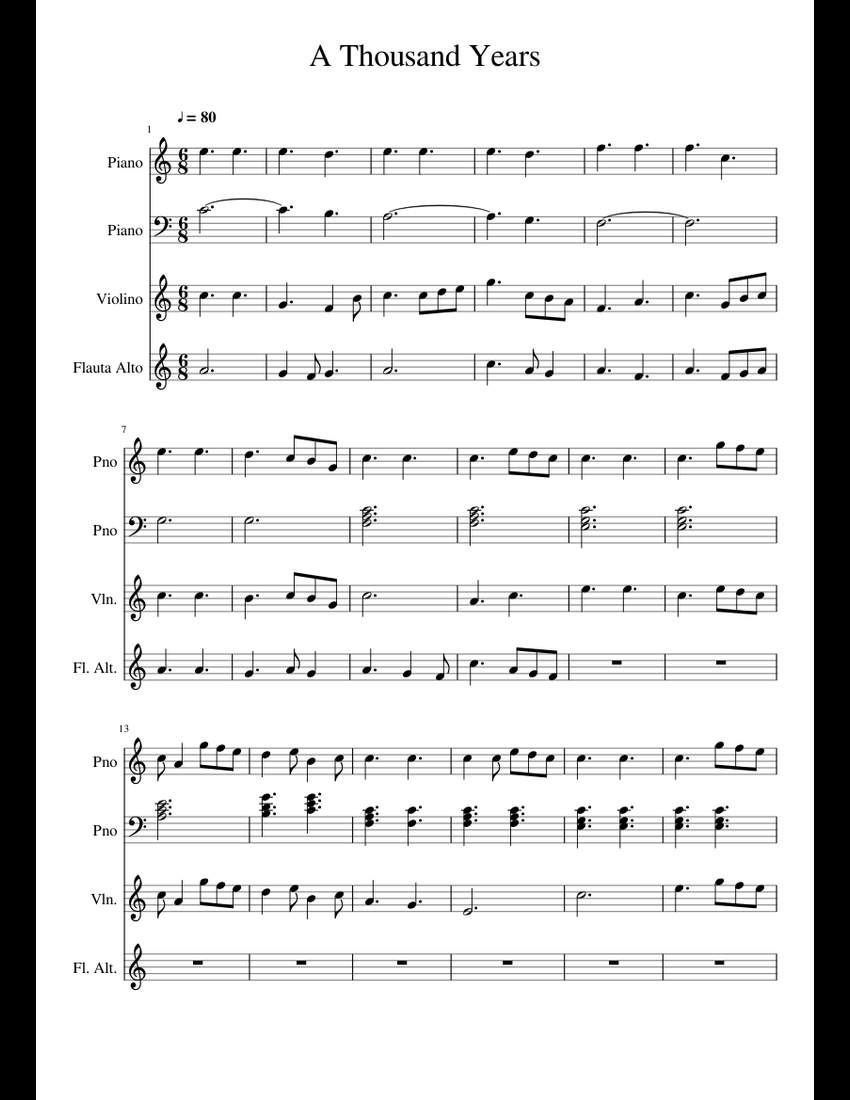A Thousand Years sheet music for Piano, Violin, Piccolo download free ...