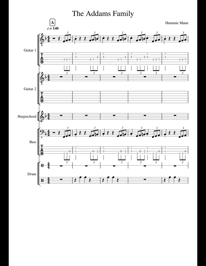 The Addams Family sheet music for Guitar, Harpsichord, Bass, Percussion ...