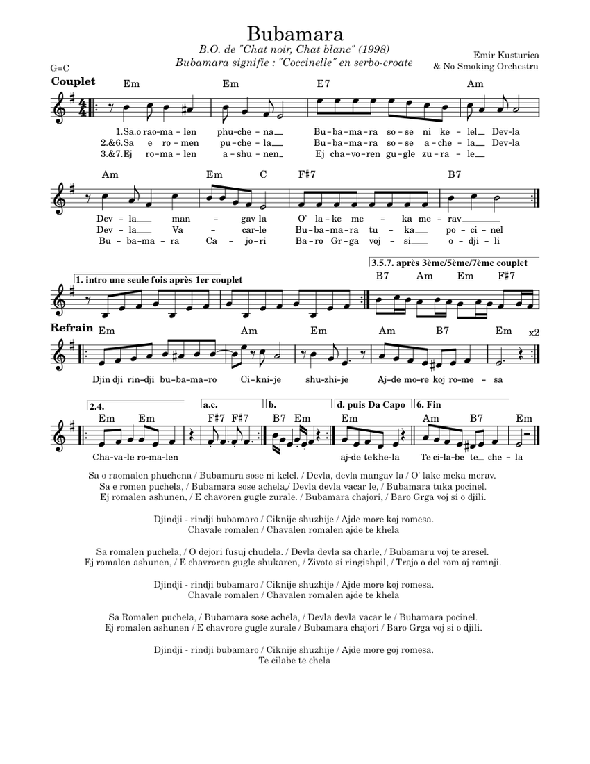 Bubamara sheet music for Piano download free in PDF or MIDI