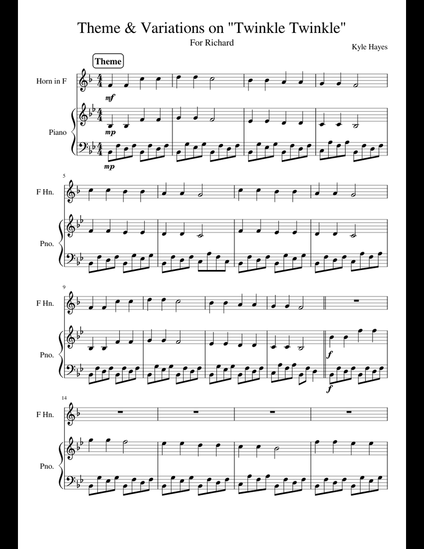 Theme and Variations on Twinkle Twinkle sheet music for Piano, French ...
