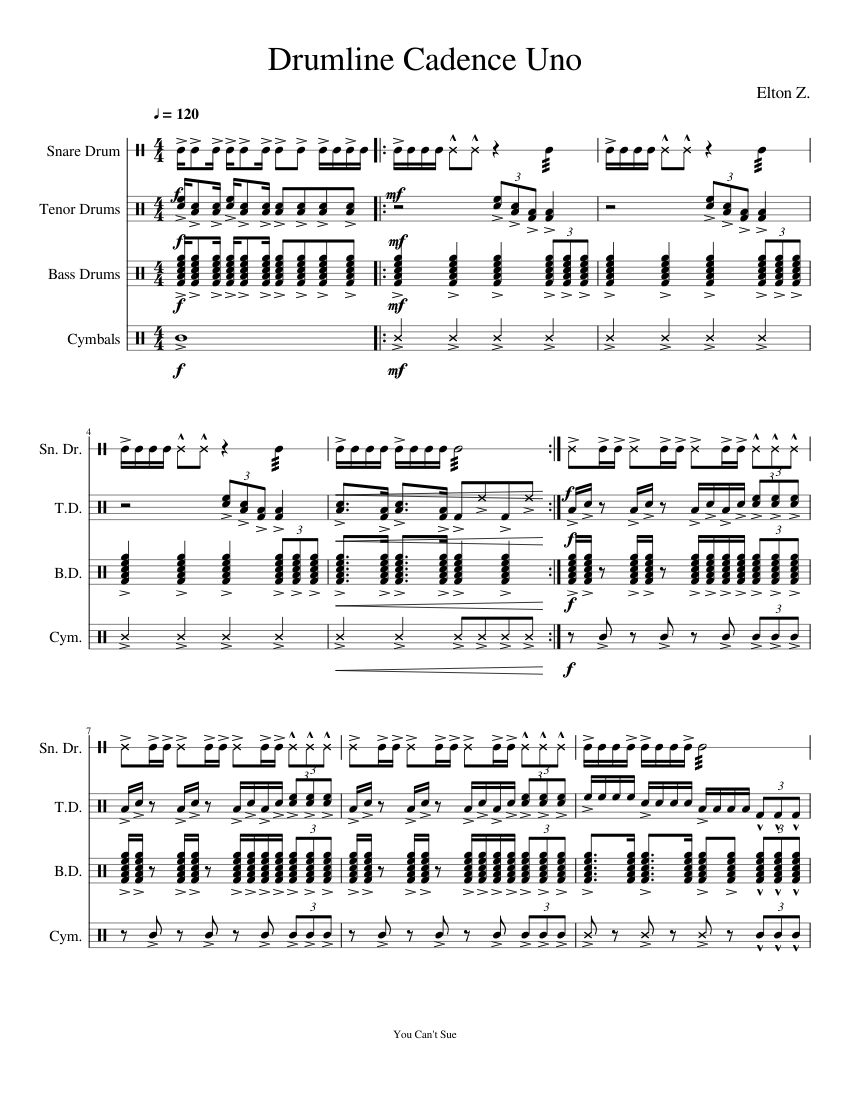Drumline Cadence Uno Sheet music for Snare Drum, Bass Drum, Crash ...