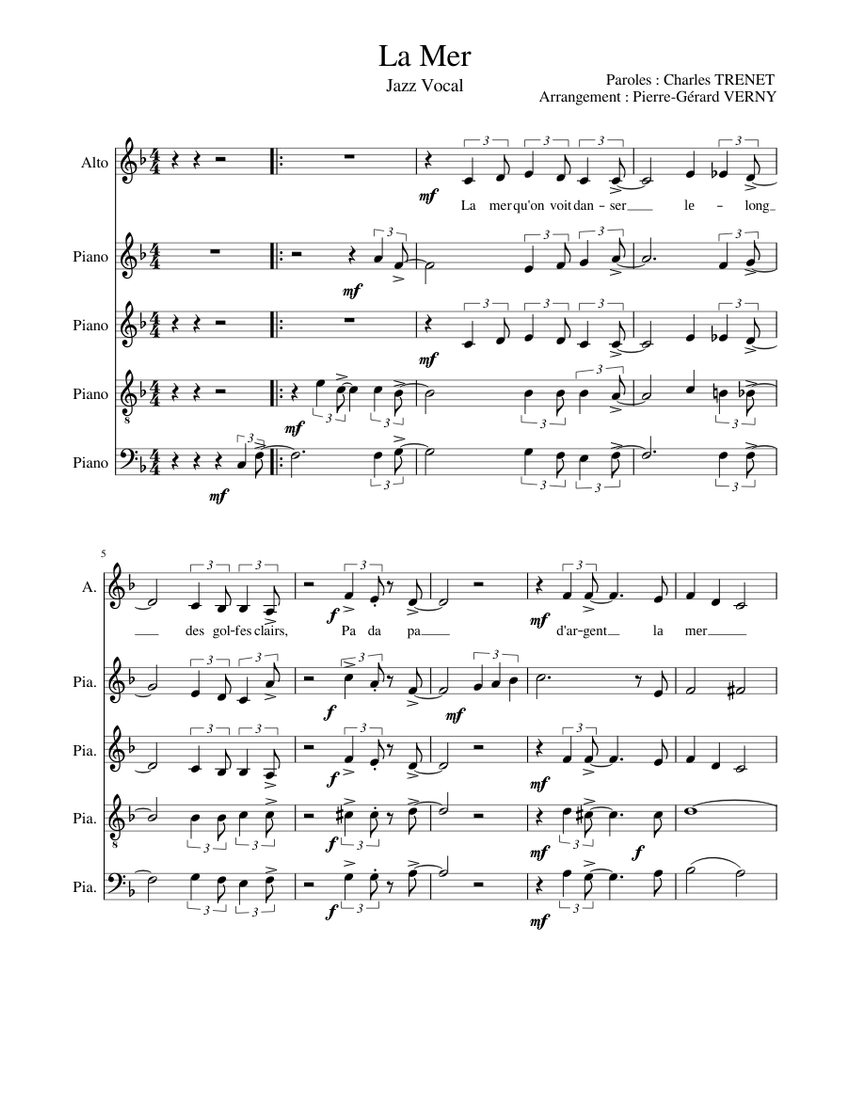 La Mer Alto Sheet music for Piano, Voice | Download free in PDF or MIDI ...