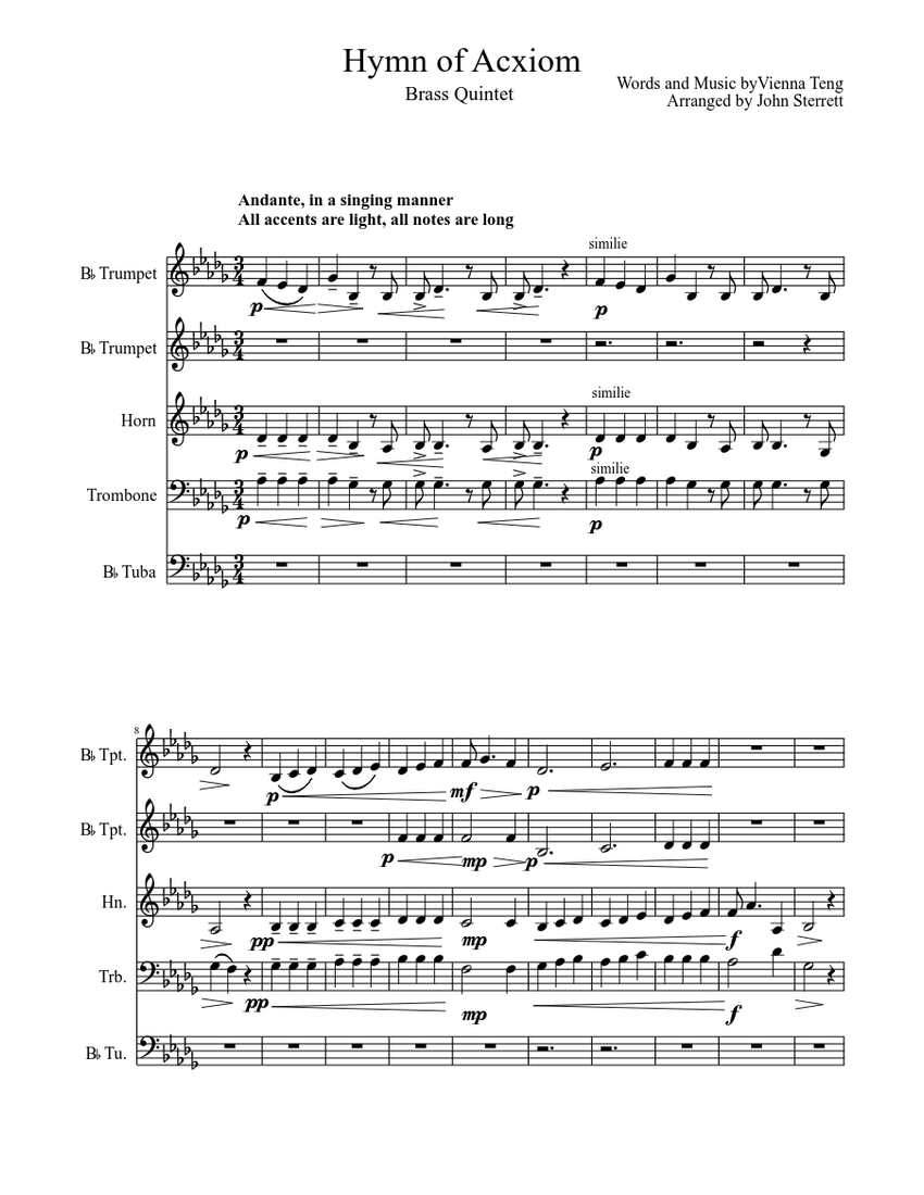 Hymn of Acxiom (Brass Quintet) Sheet music for Trumpet, French Horn ...