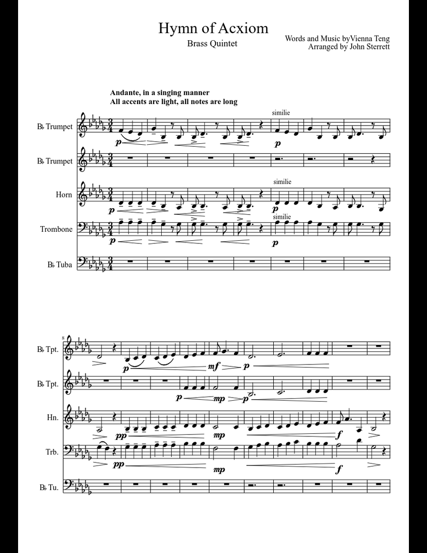 Hymn of Acxiom (Brass Quintet) sheet music for Trumpet, French Horn ...
