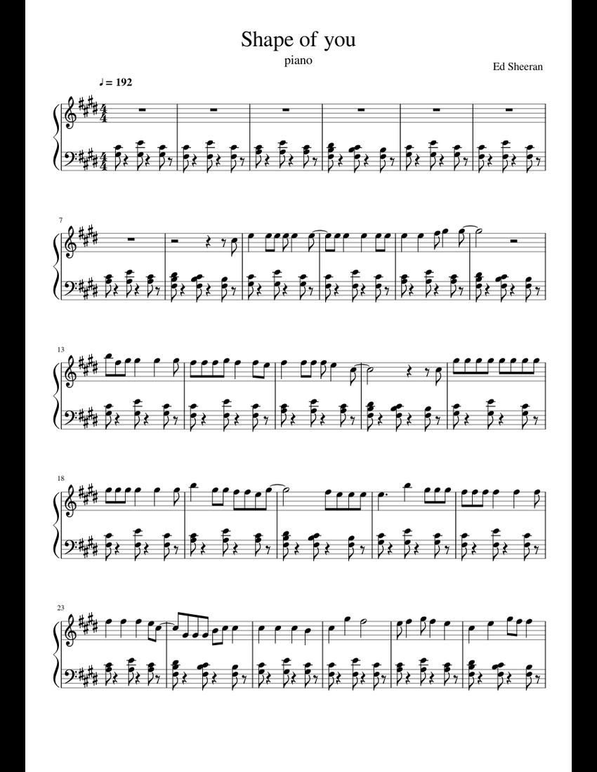 Shape of you sheet music for Piano download free in PDF or MIDI