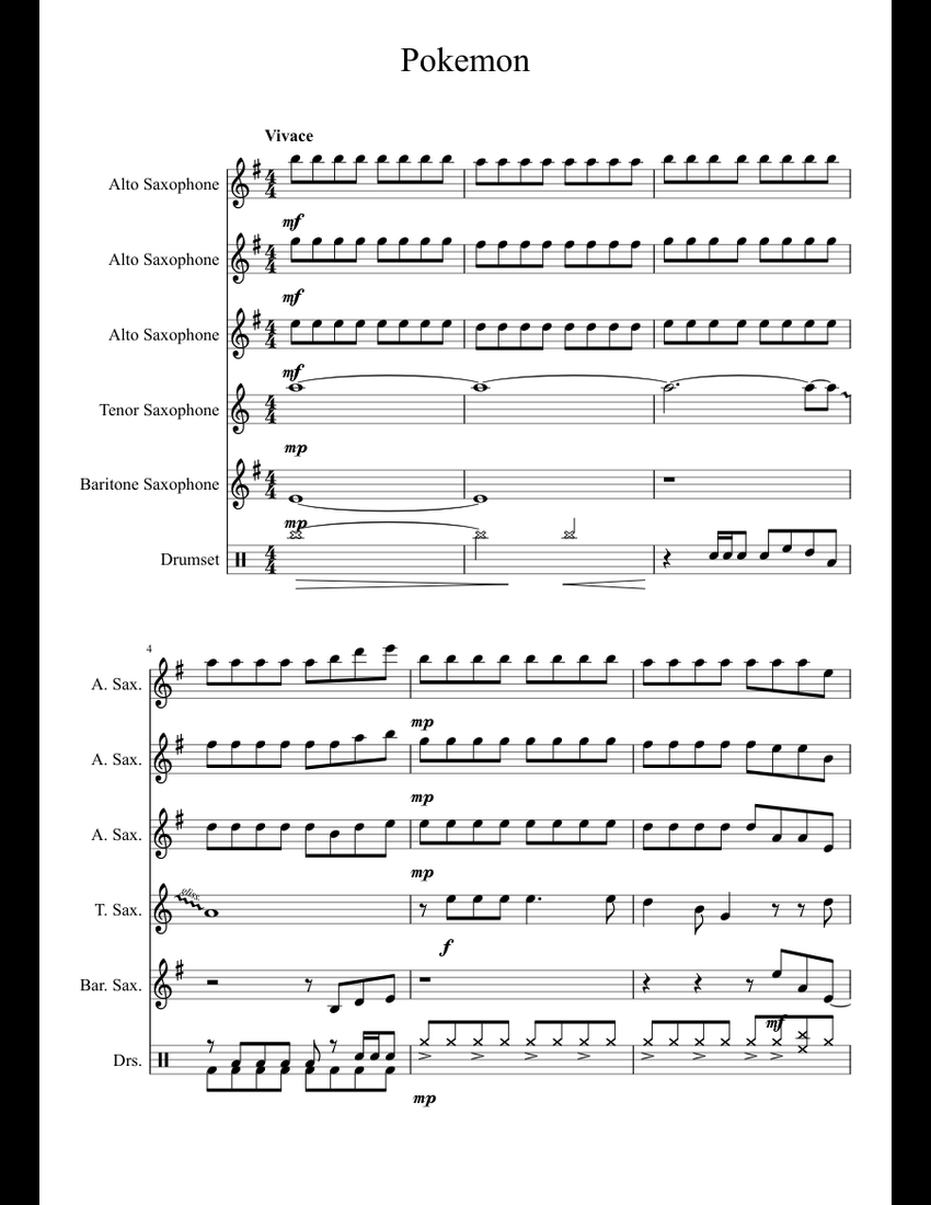 Pokemon Theme for Sax Quintet and Drums sheet music for Alto Saxophone ...
