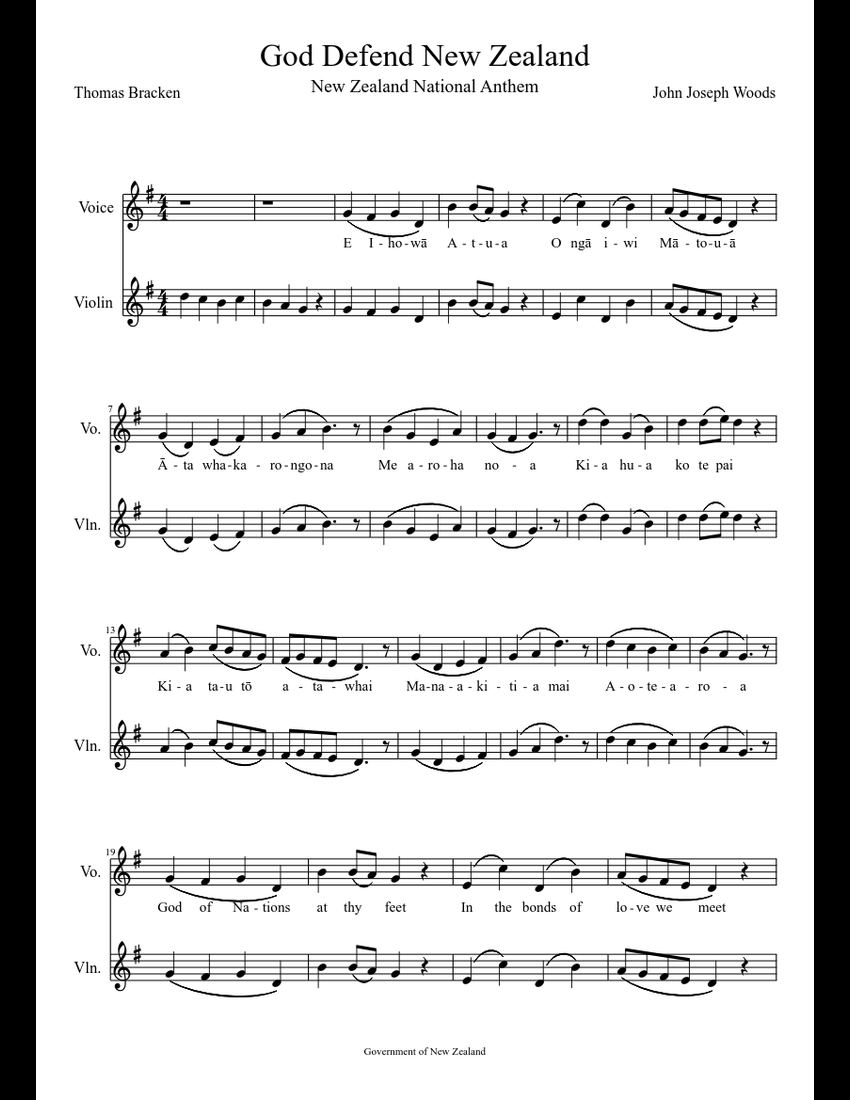 God Defend New Zealand sheet music for Violin, Voice download free in ...