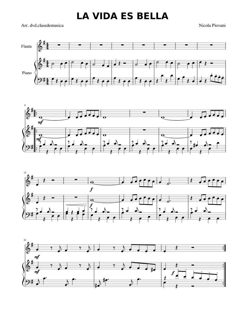 LA VIDA ES BELLA Sheet music for Piano | Download free in PDF or MIDI ...